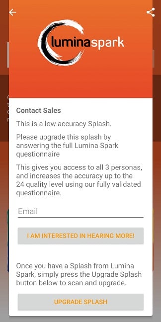 How do I upgrade my low accuracy Splash in the Lumina Splash app?